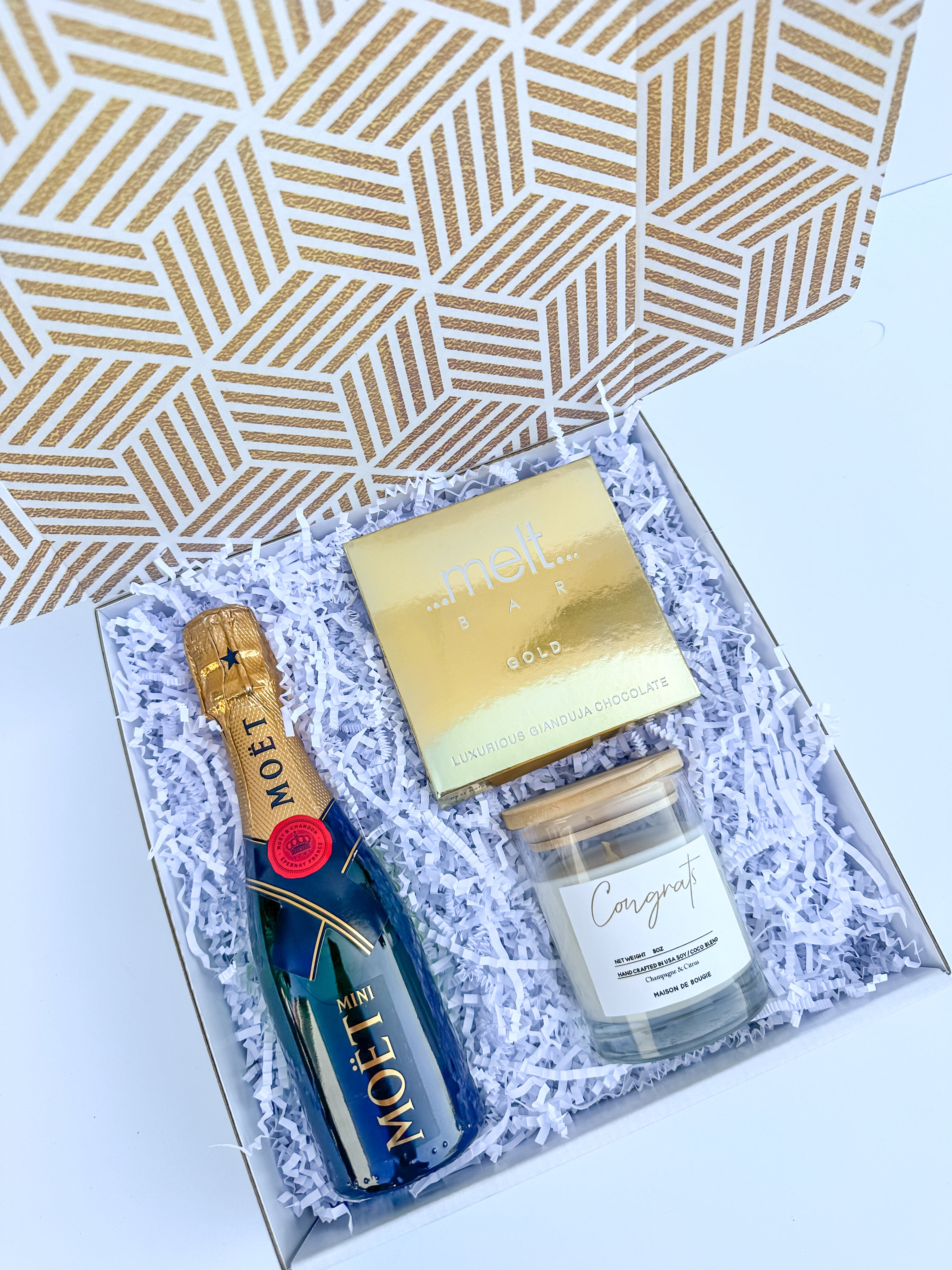 Congrats Gift Box With Moet Champagne, Candle & gold Chocolate Bar ...